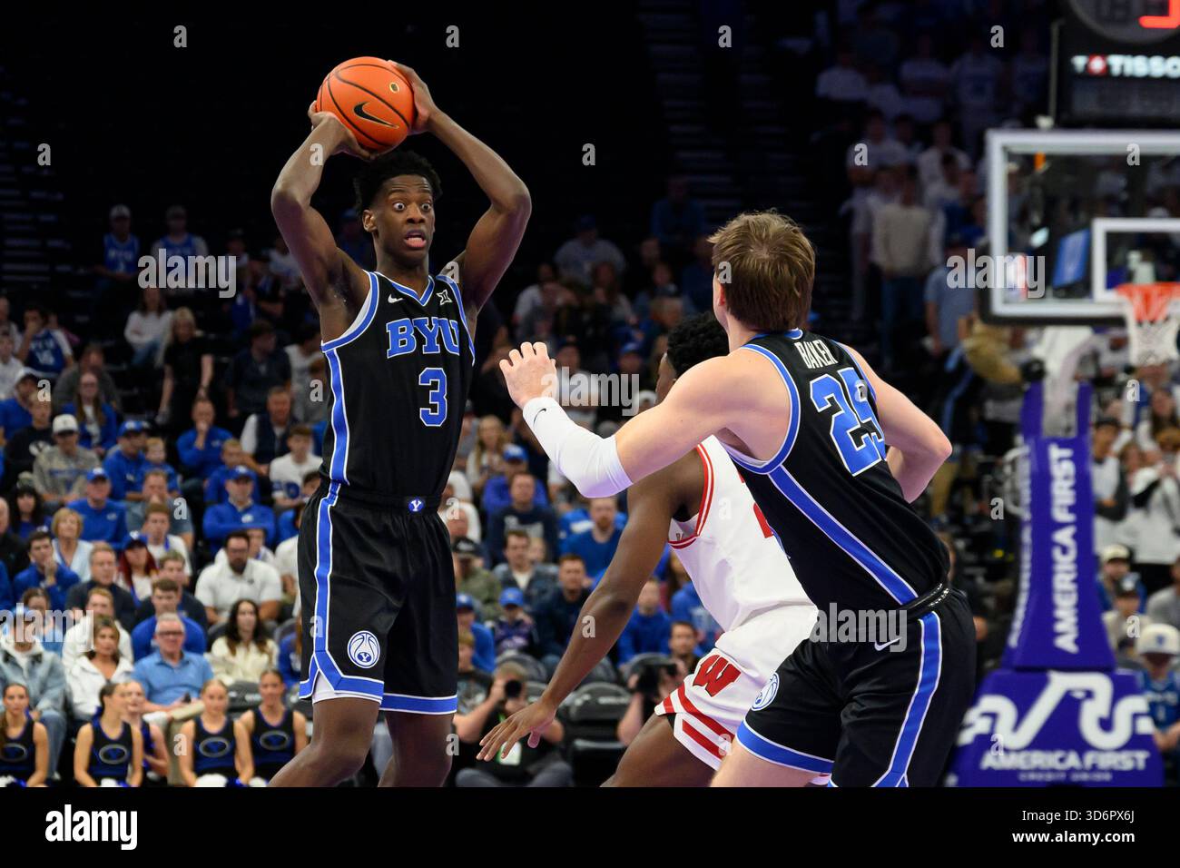 BYU forward AJ Dybantsa (3) looks to pass the ball to BYU guard Dawson Baker (25) during the ...