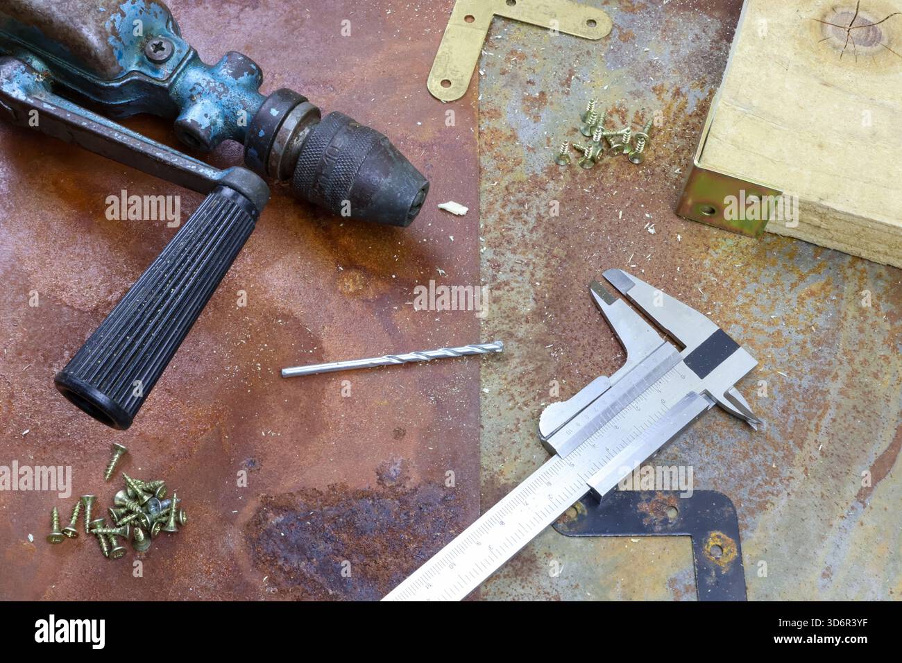 Vintage woodworking tools rusty table include old hand drill metal ...
