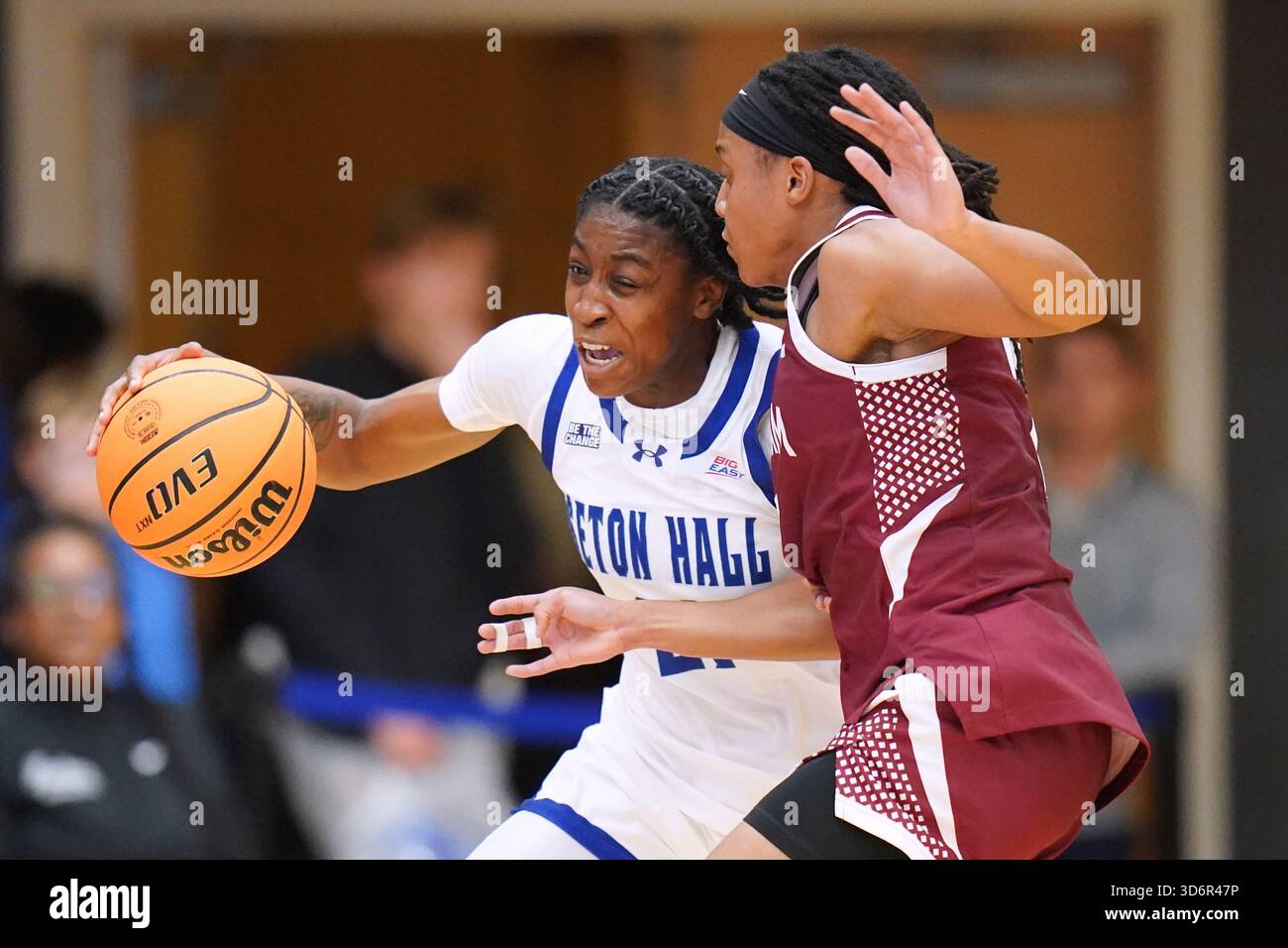 Seton Hall forward Shailyn Pinkney (21) drives the ball down the court during an NCAA basketball ...