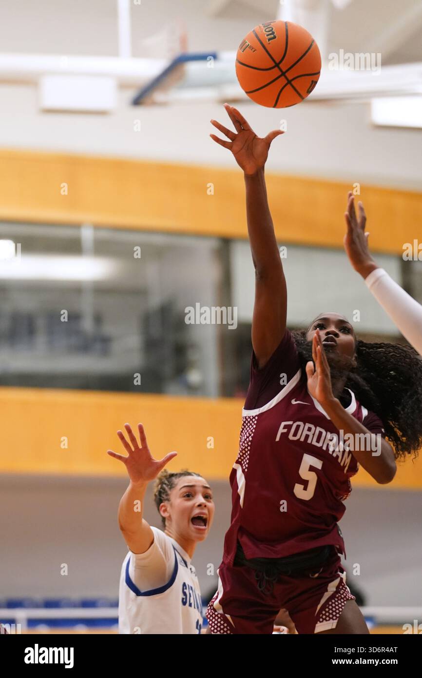 Fordham forward Ornella Niankan (5) takes a shot during an NCAA basketball game against Seton ...