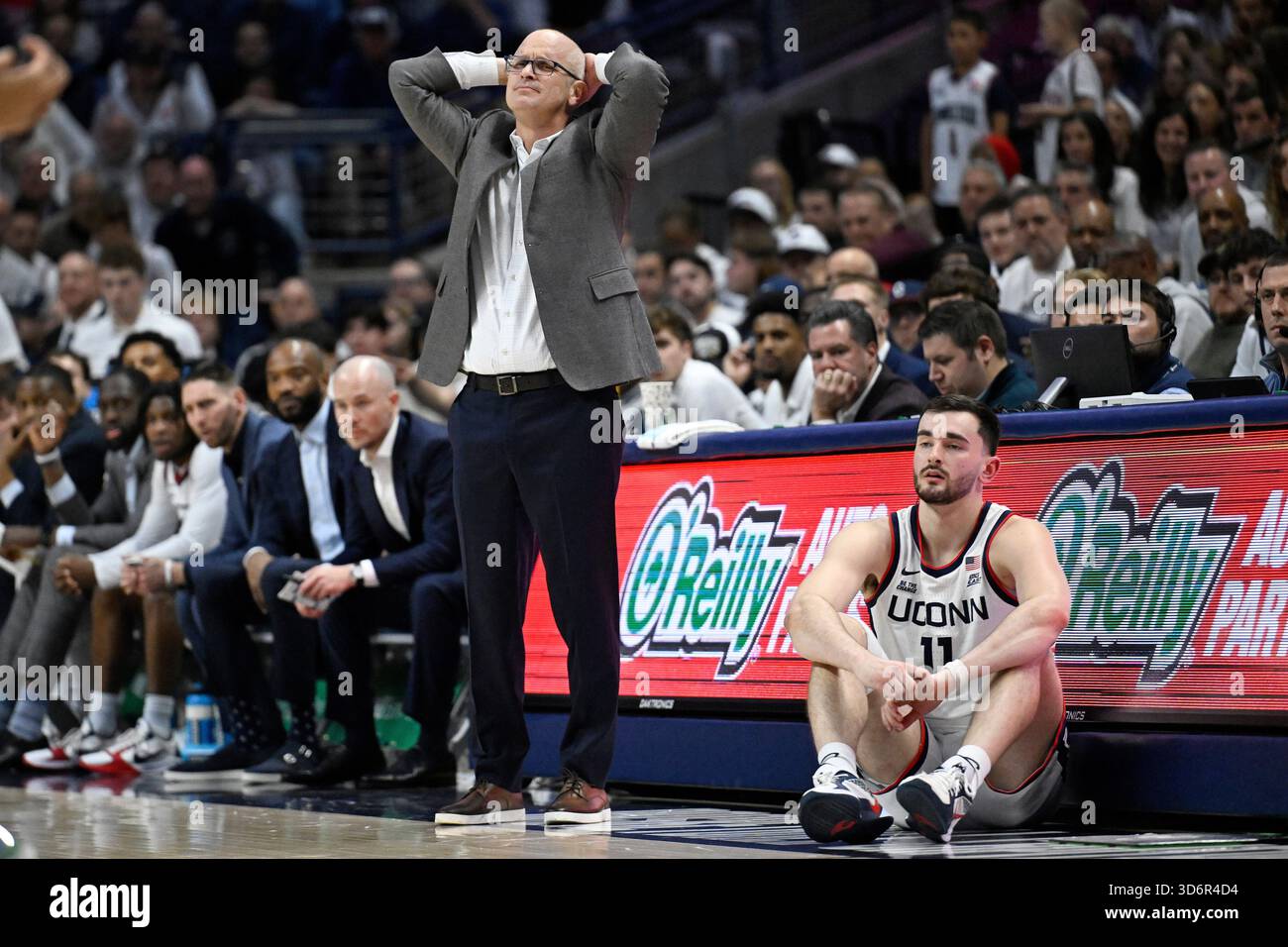 UConn head coach Dan Hurley and UConn forward Alex Karaban (11) in the ...