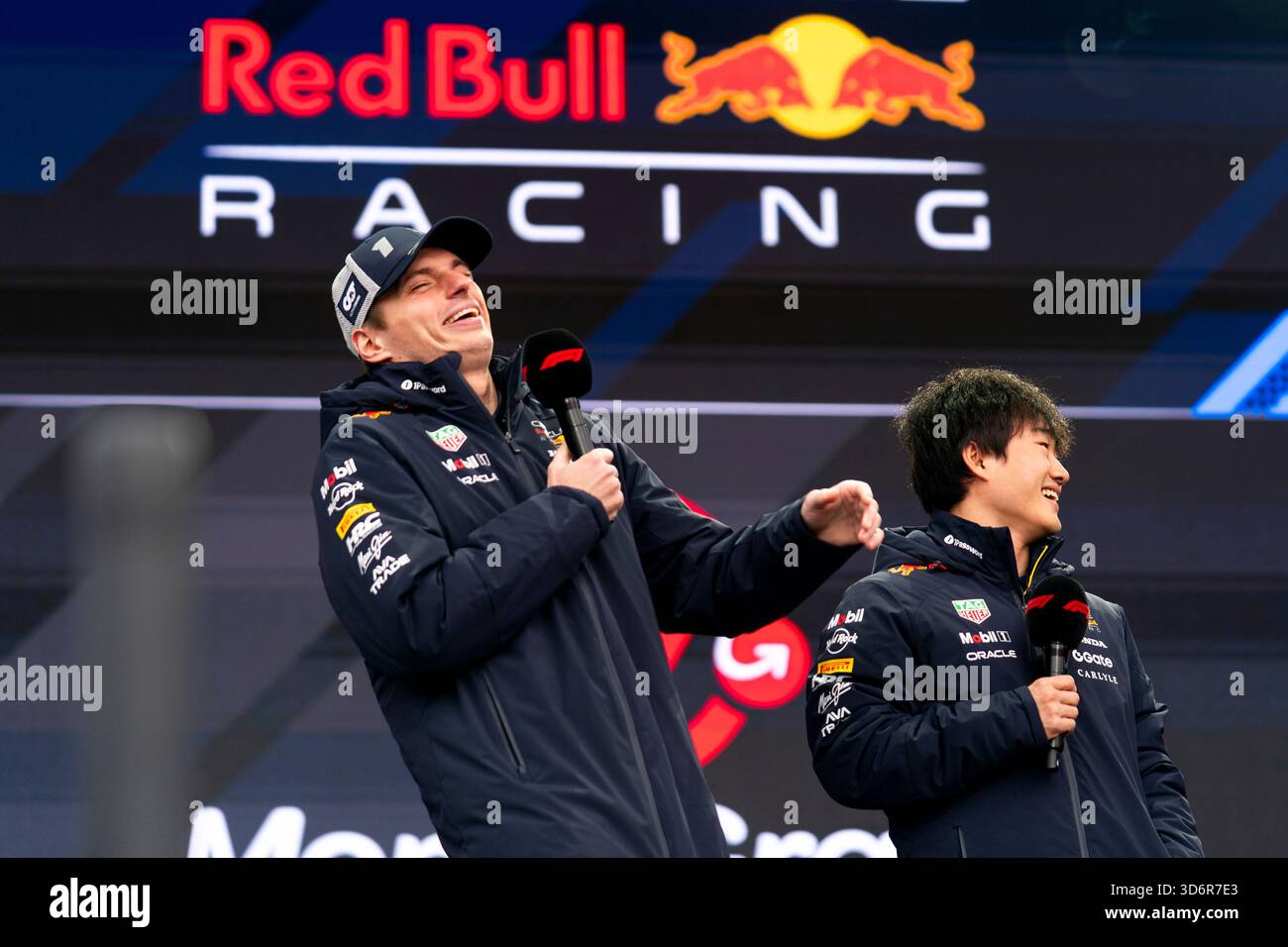 Dutch Formula One driver Max Verstappen of Red Bull Racing reacts to a ...