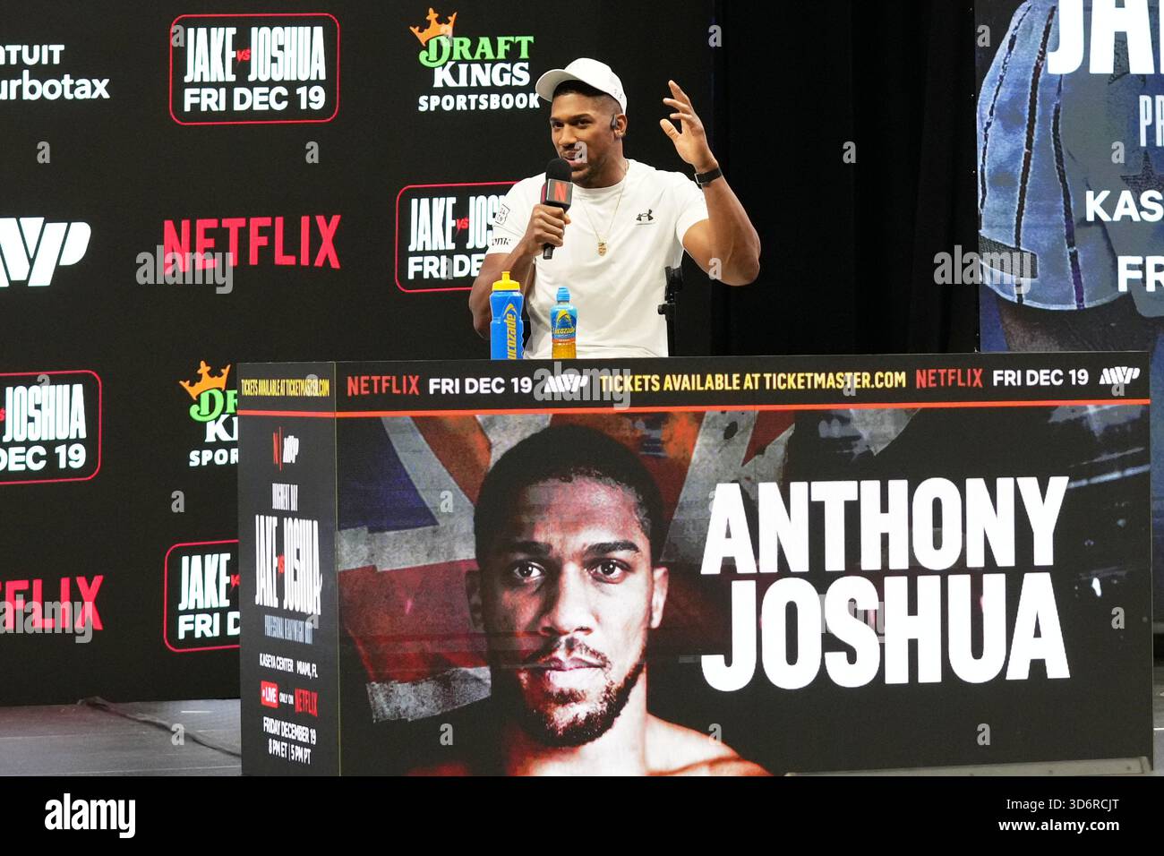 Anthony Joshua speaks during a news conference with Jake Paul promoting ...