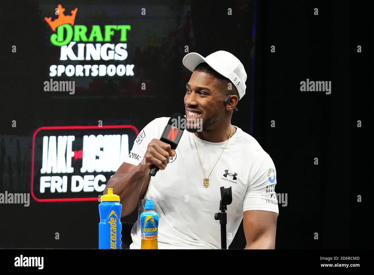 Anthony Joshua speaks during a news conference with Jake Paul promoting ...