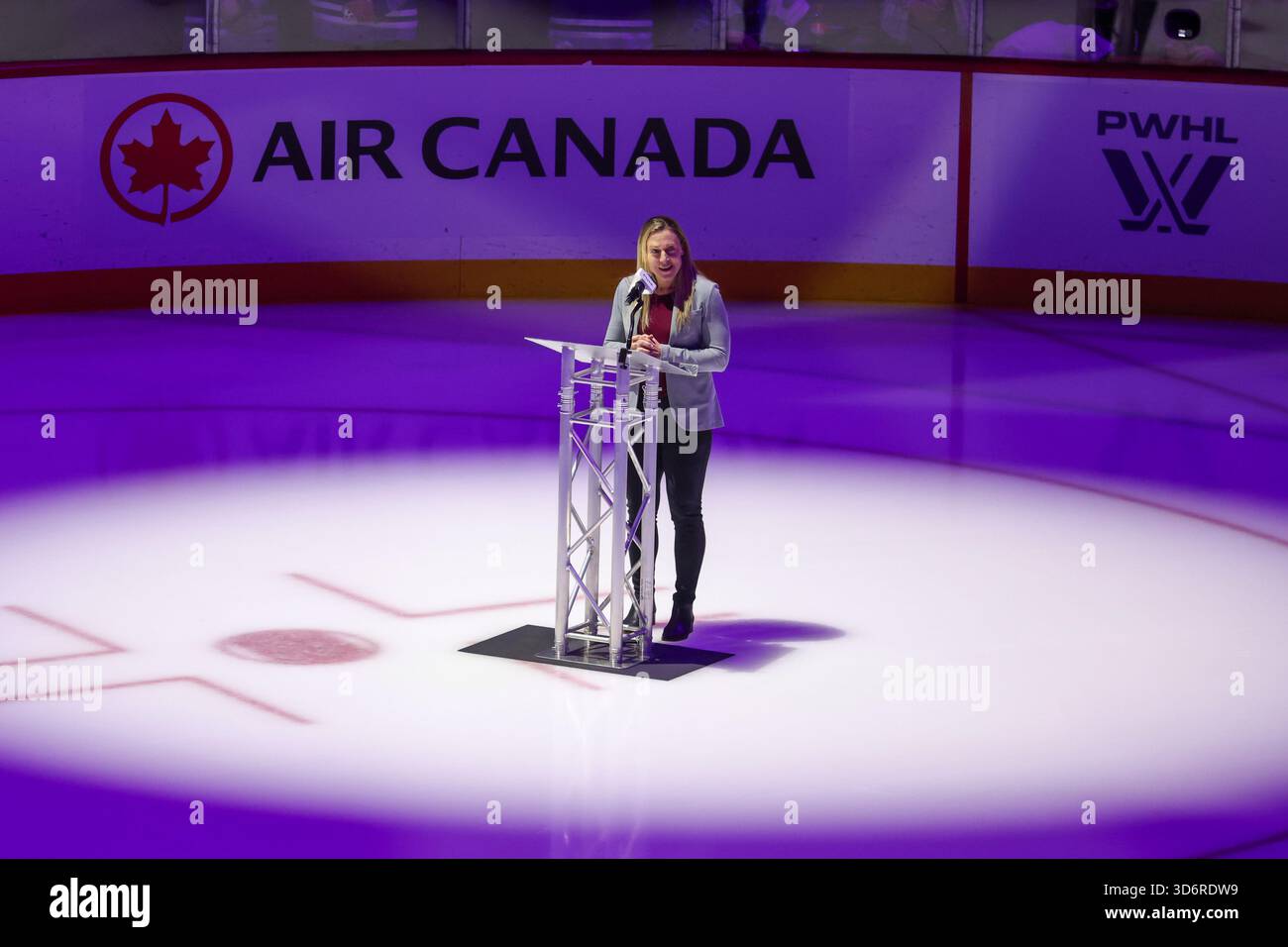 November 21st, 2025: PWHL VP Jayna Hefford speaks during a championship banner ceremony before a ...