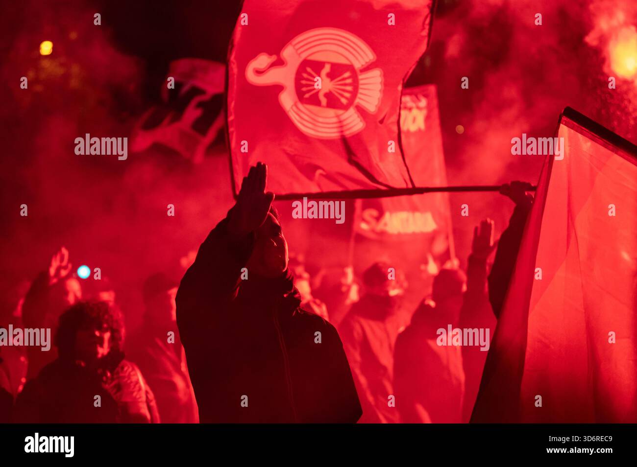 Protesters make a fascist salute during a demonstration called by ...