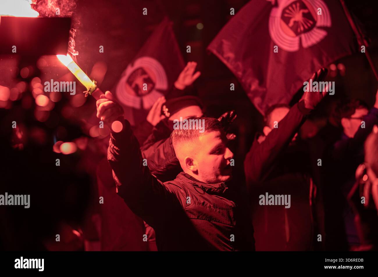 Protesters make a fascist salute during a demonstration called by ...