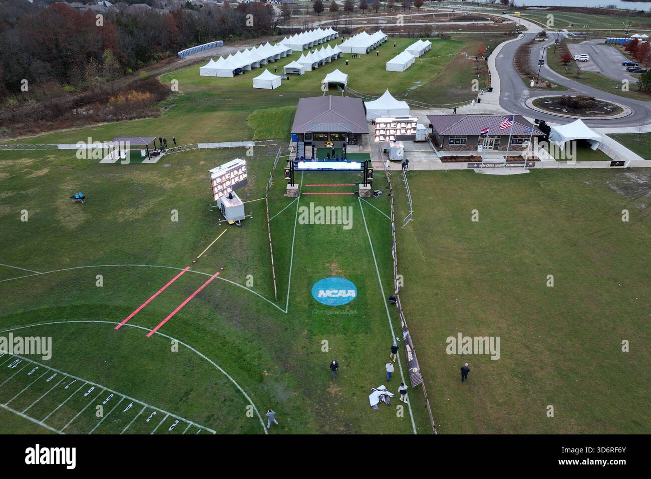 A general overall aerial view of the NCAA logo at the finish line of ...