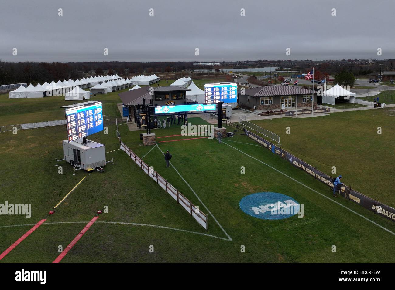 A general overall aerial view of the NCAA logo at the finish line of ...