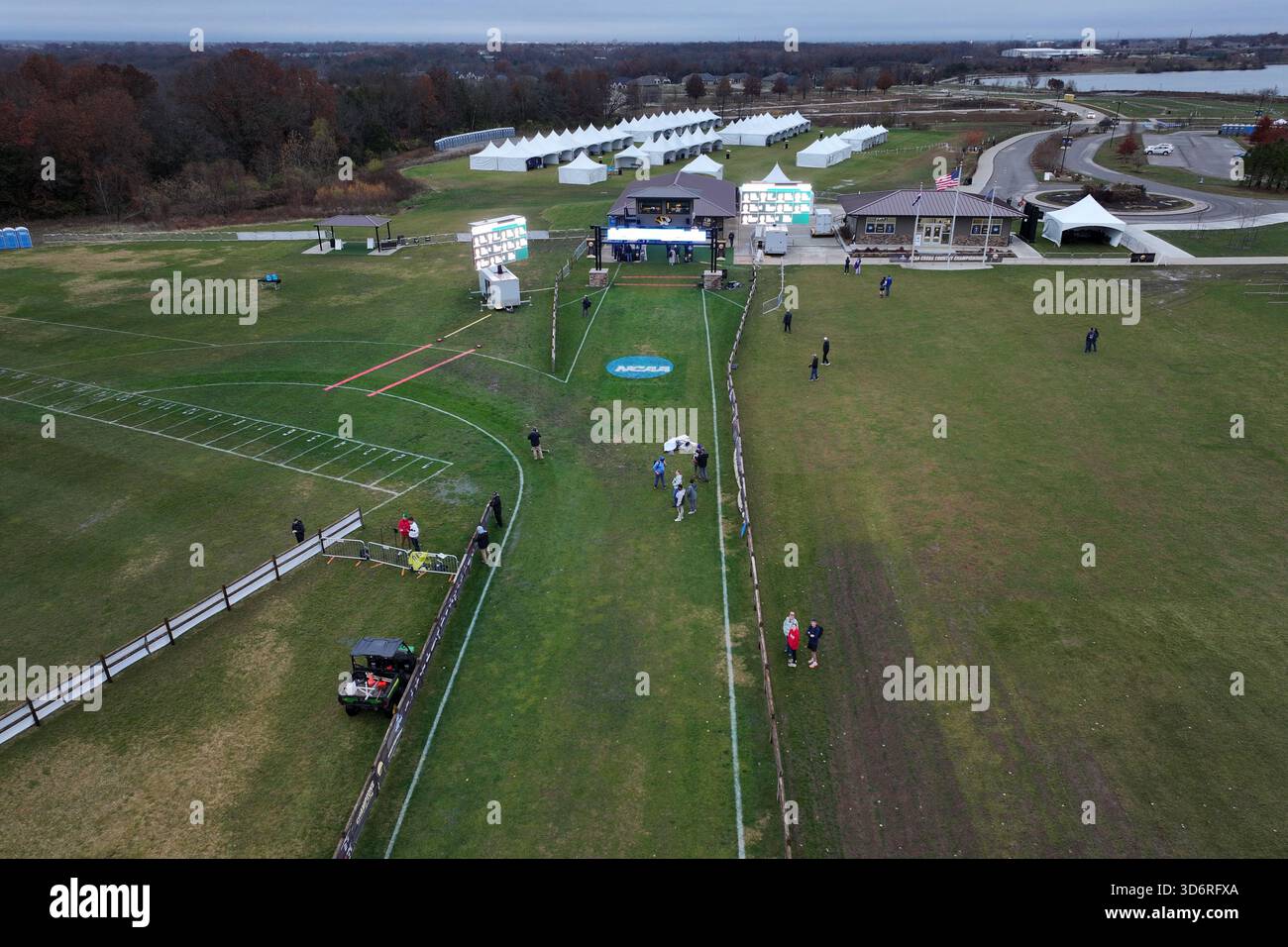 A general overall aerial view of the NCAA logo at the finish line of ...