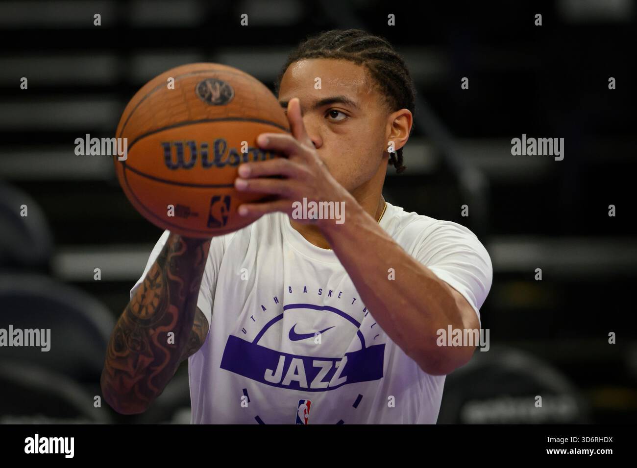 Utah Jazz guard Keyonte George warms up before an NBA Cup basketball ...