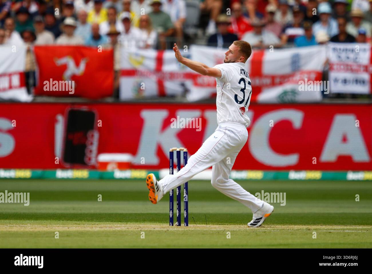 England's Gus Atkinson bowls a delivery on day two of the first Ashes ...