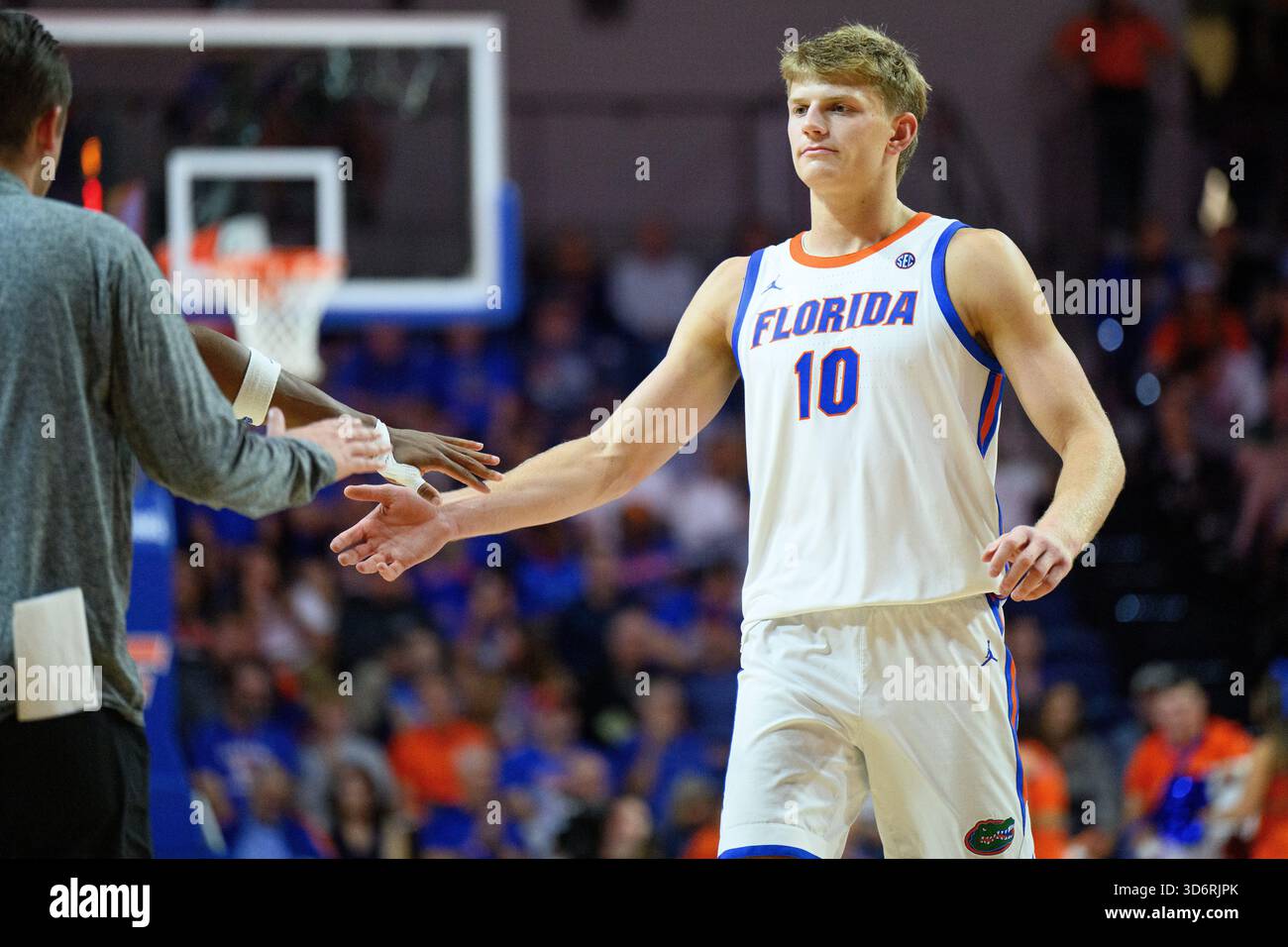 Florida forward Thomas Haugh (10) walks off the court during the second ...