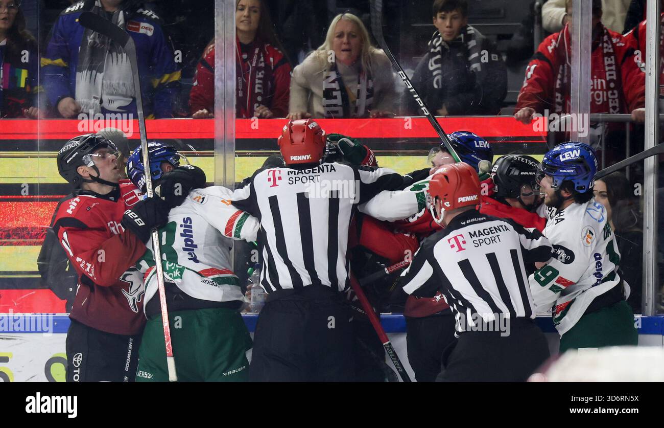 Brawl after the check against Ryan Button (Augsburg Panthers #55 ...