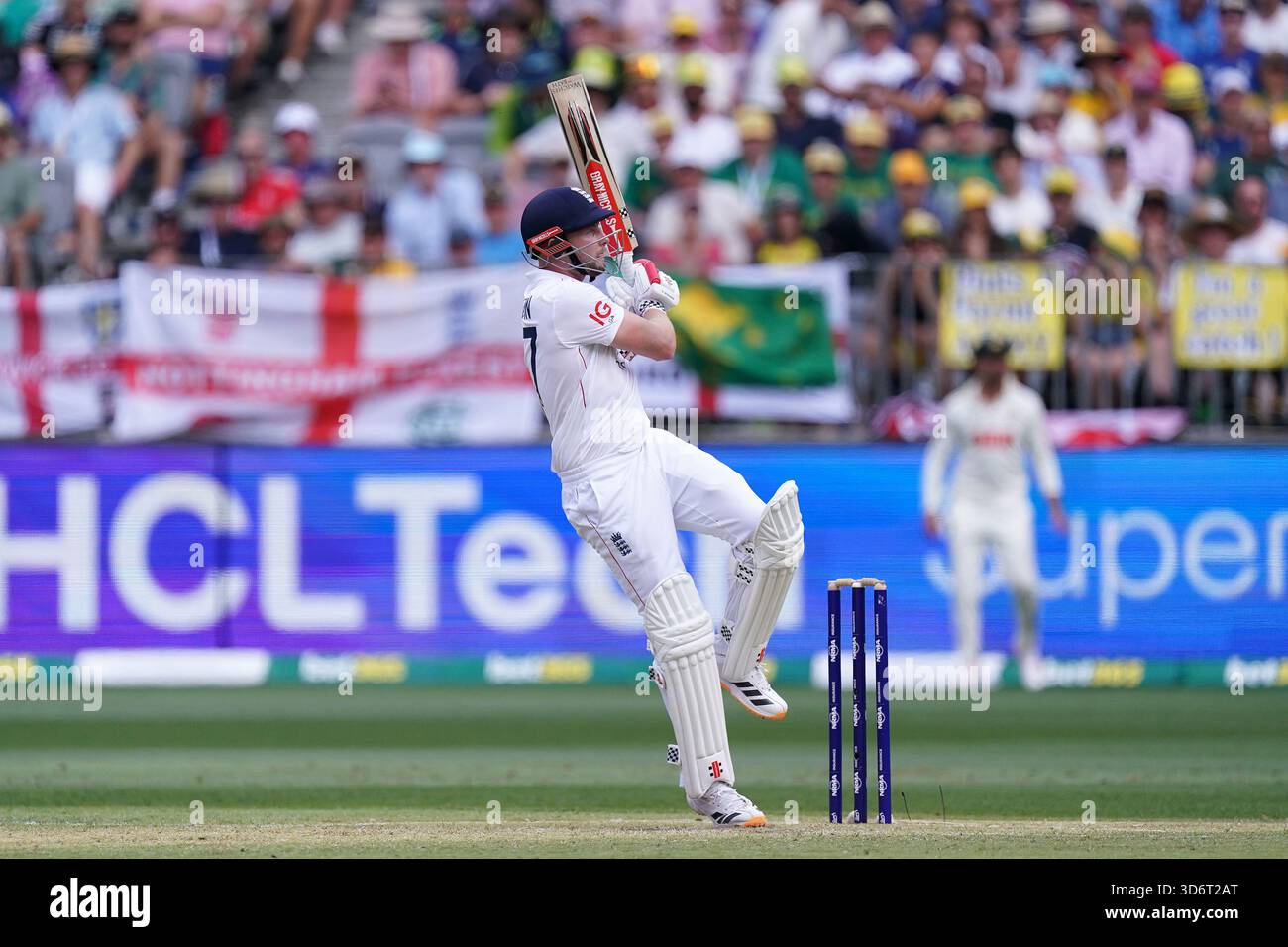England’s Gus Atkinson hits a six whilst batting on day two of the ...