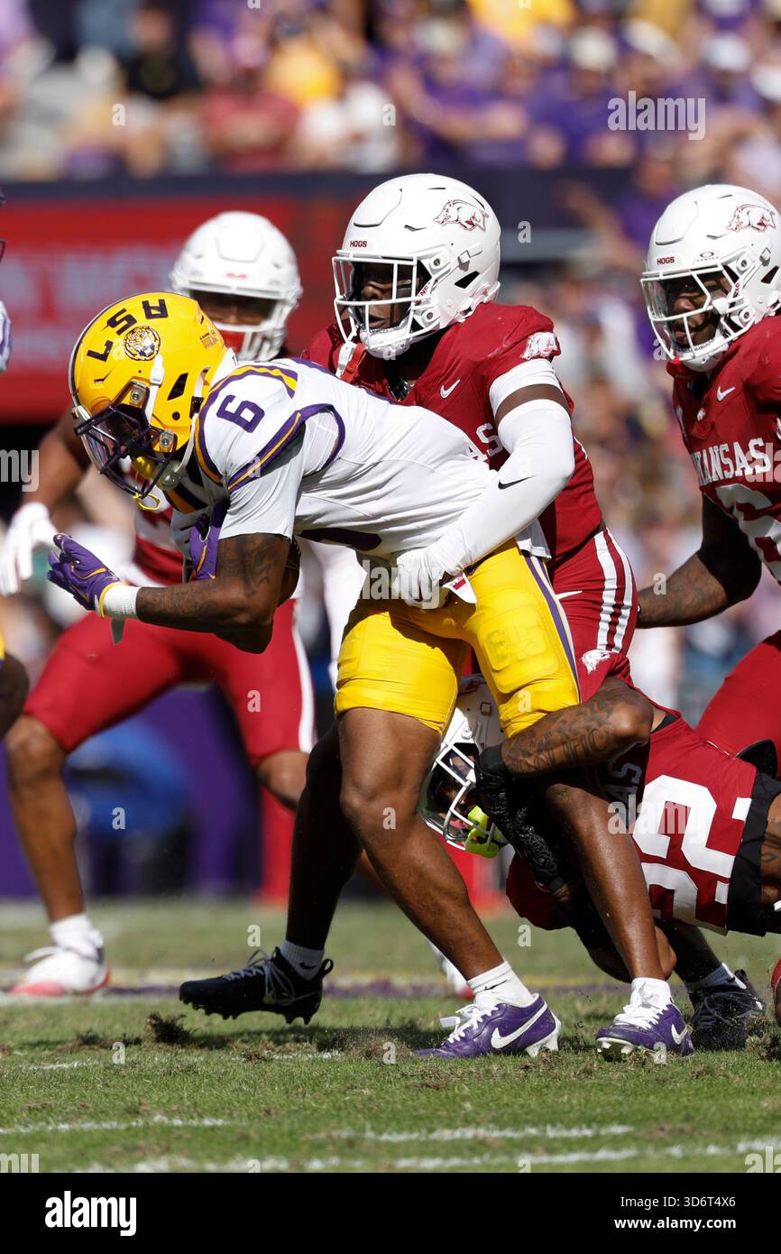 LSU wide receiver Barion Brown (6) gets tackled after a reception ...