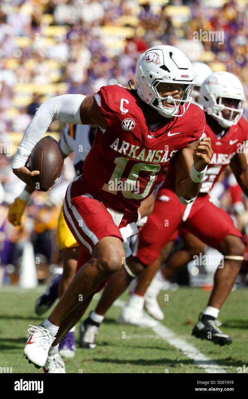 Arkansas quarterback Taylen Green (10) carries the ball on a run during ...