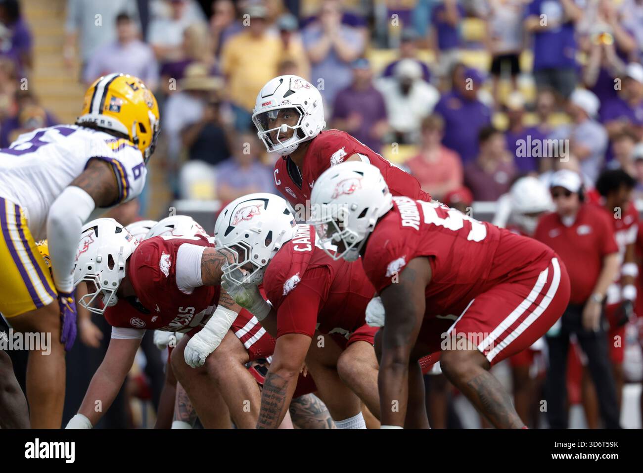 Arkansas quarterback Taylen Green (10) lines up under center during a ...