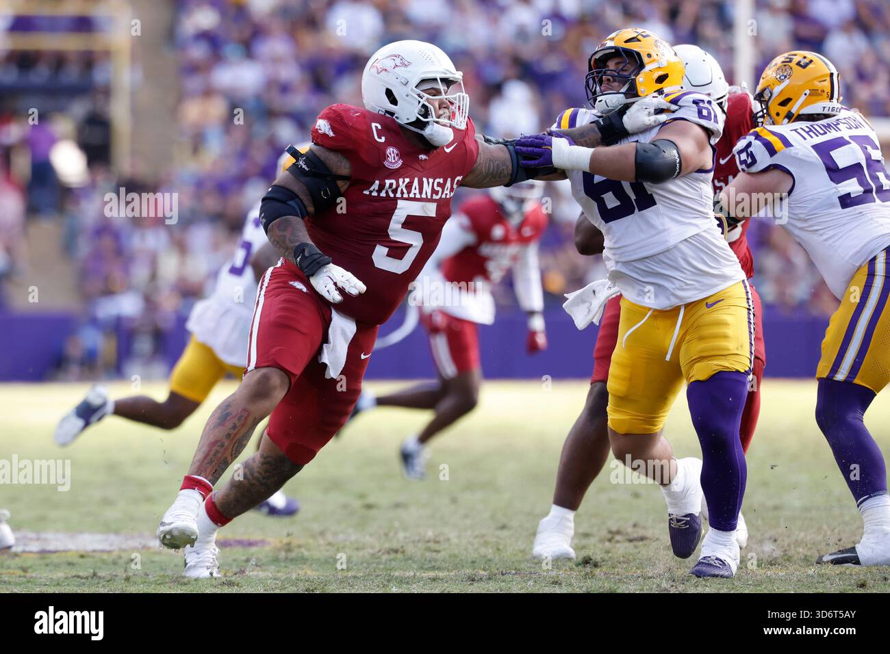 Arkansas defensive lineman Cameron Ball (5) rushes during a NCAA ...