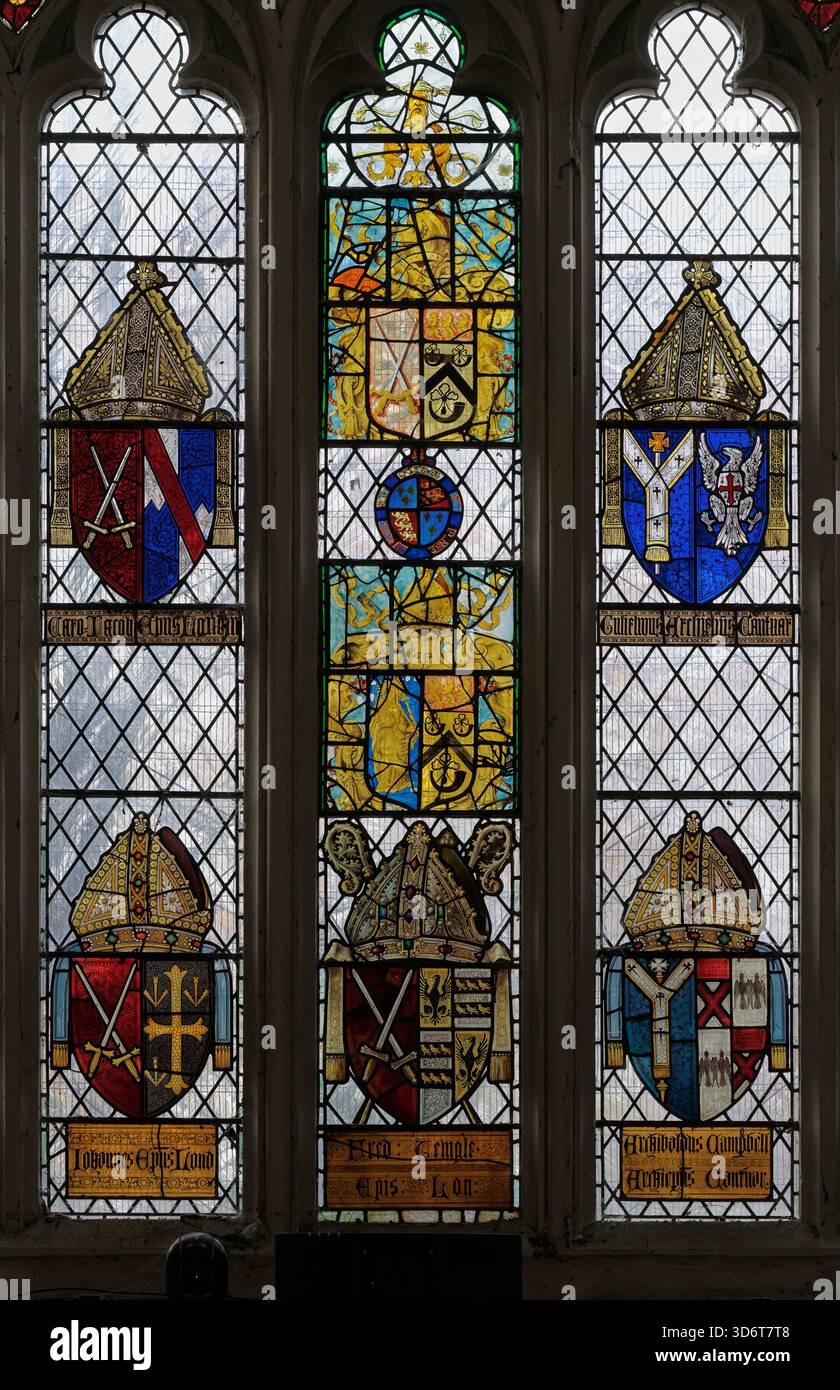 Stained glass window, commemorating past bishops of London, All Saints ...