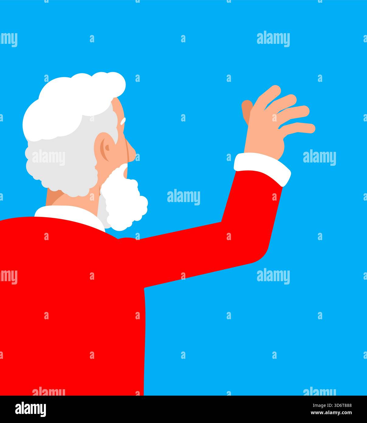 Santa Claus waving with one hand, seen from the back, symbolizing ...