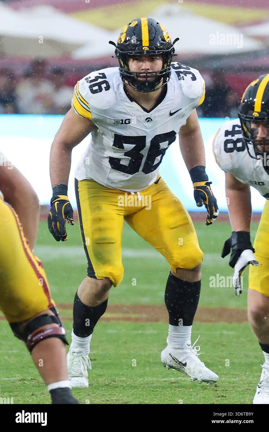Iowa linebacker Jayden Montgomery (36) looks into the backfield during ...