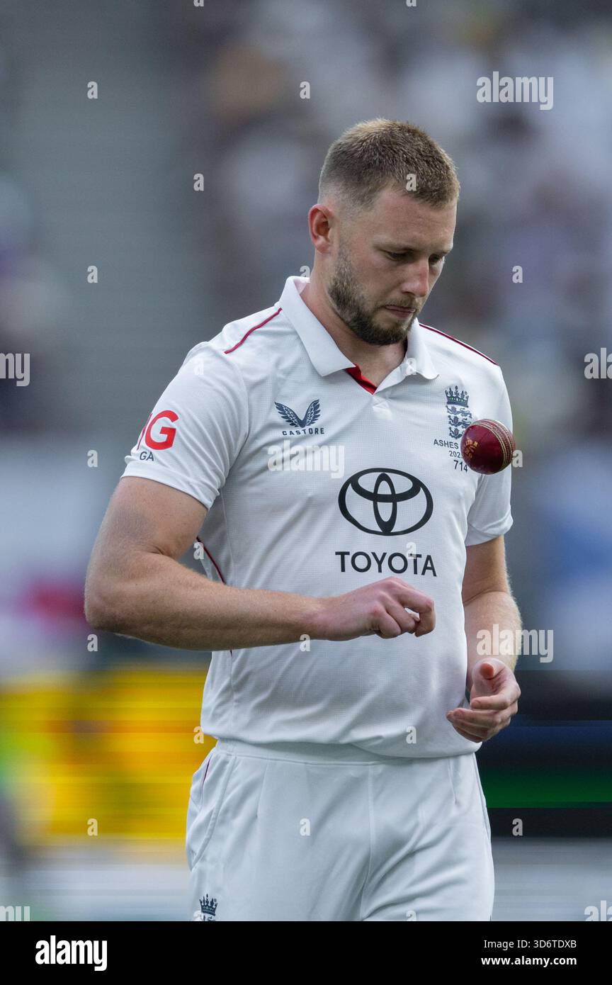 Gus Atkinson of England in his run-up during the NRMA Insurance Ashes ...