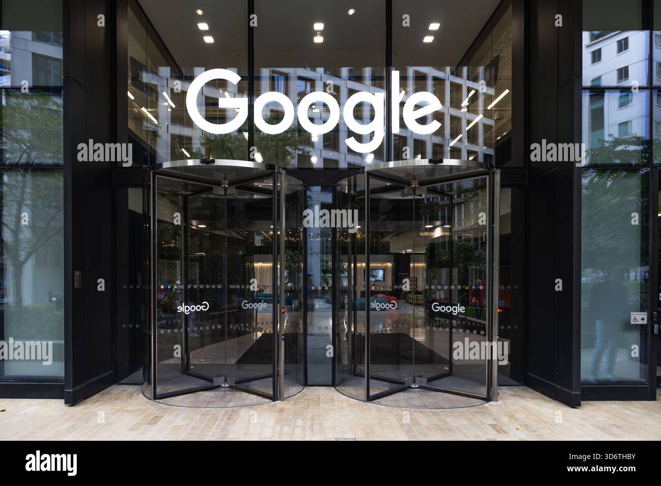Google office entrance in London with modern glass facade. London, UK ...