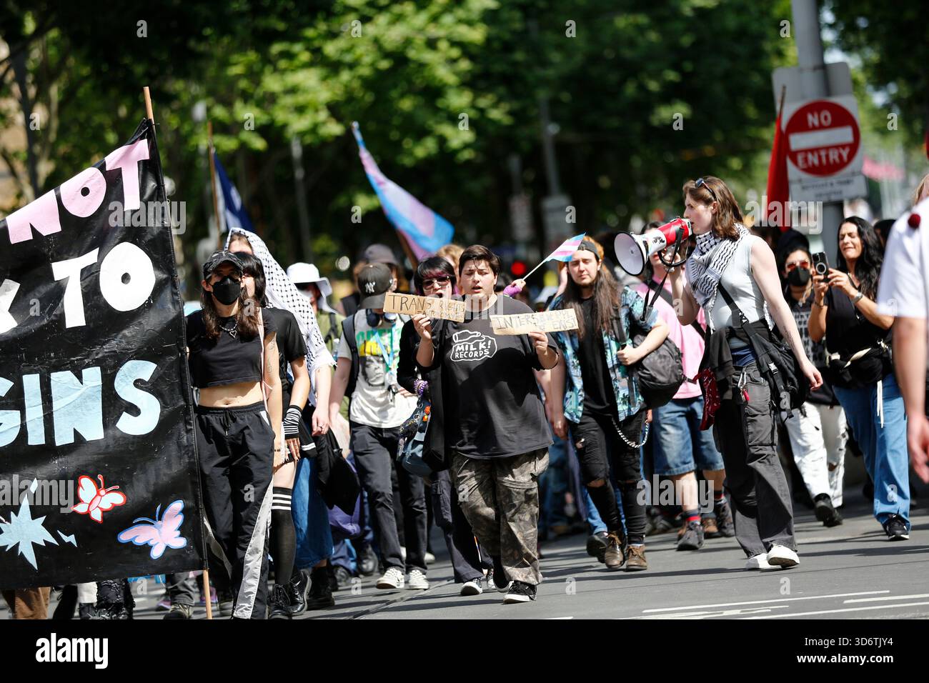 Protesters hold flags and banners as they march through the CBD ...