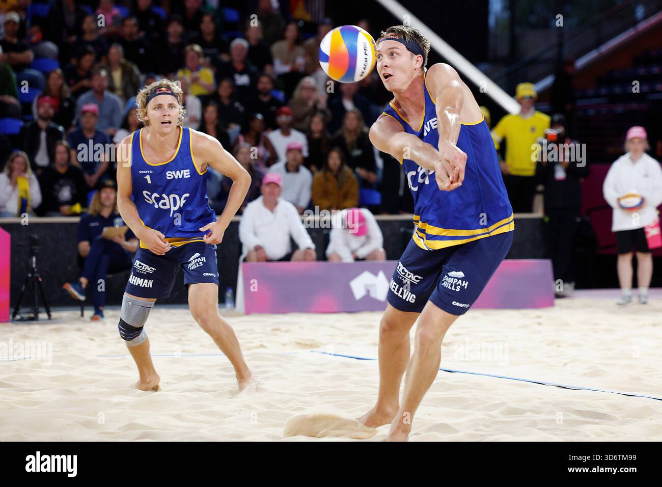 David Åhman and Jonatan Hellvig of Sweden dig the ball iin the men's ...