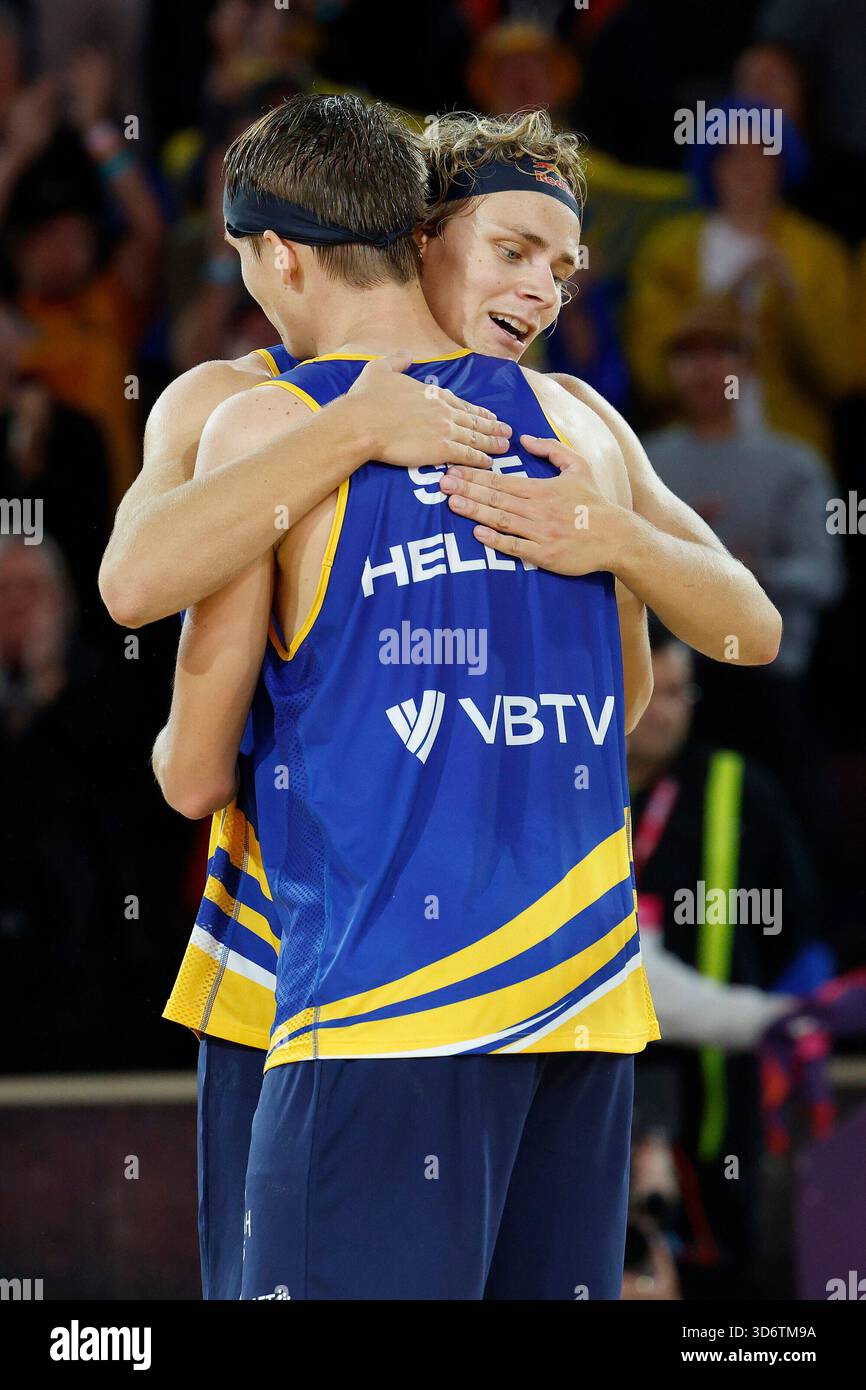 David Åhman and Jonatan Hellvig of Sweden celebrate their win in the ...