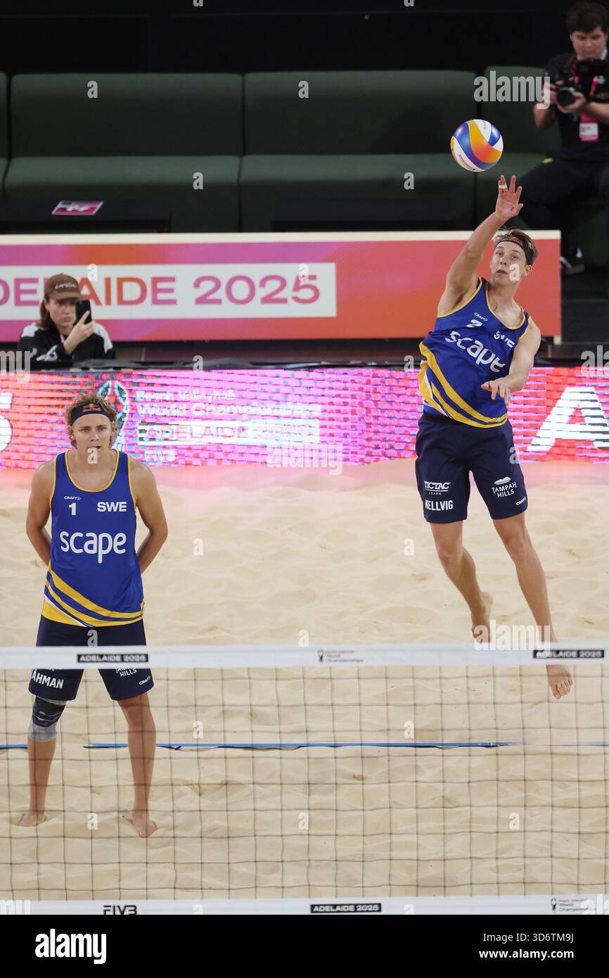 David Åhman and Jonatan Hellvig of Sweden serve in the men's semifinal ...