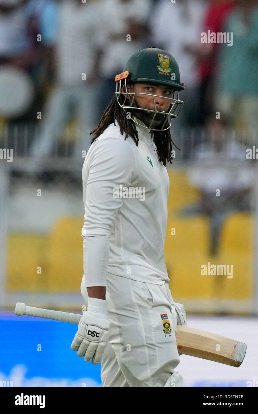 South Africa's Tony de Zorzi walks off the field after losing his wicket on the first day of the ...