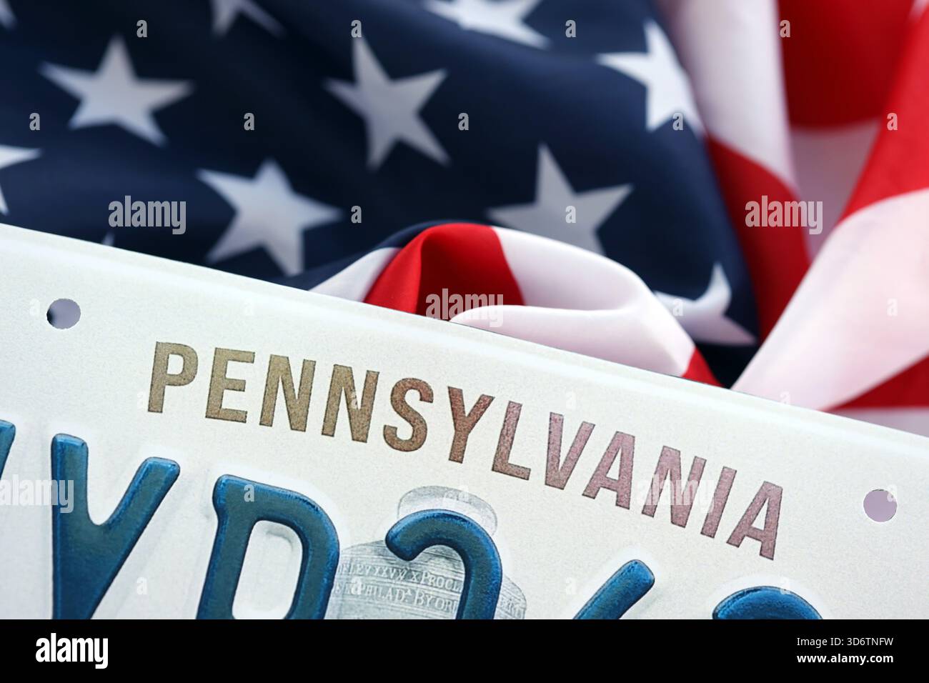 USA state of Pennsylvania license plate on US flag. Concept of driving ...