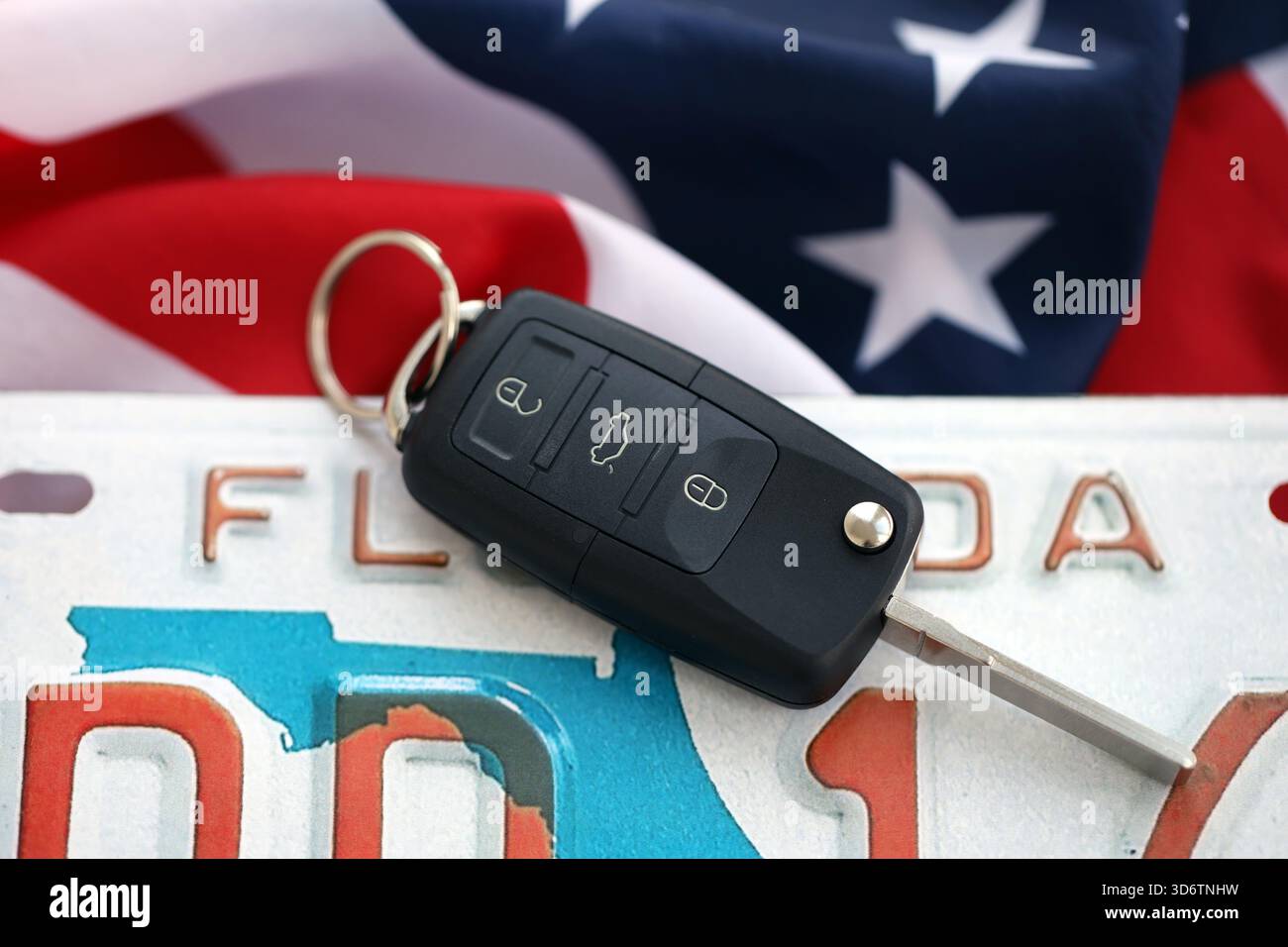 Remote control car keys on Florida license plate on US flag. Concept of ...