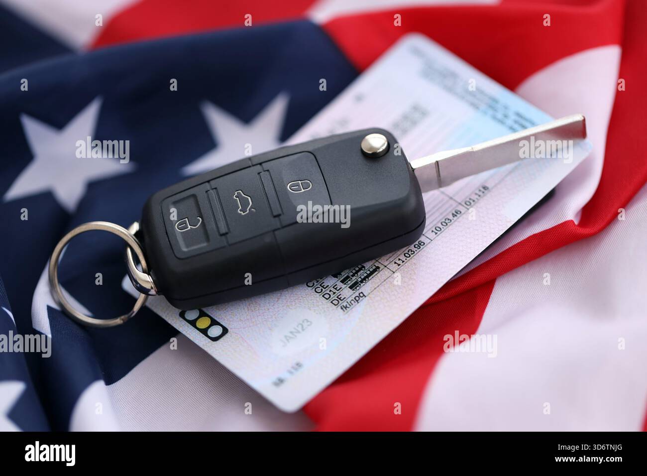 Ignition keys with remote control buttons and driver license card on ...