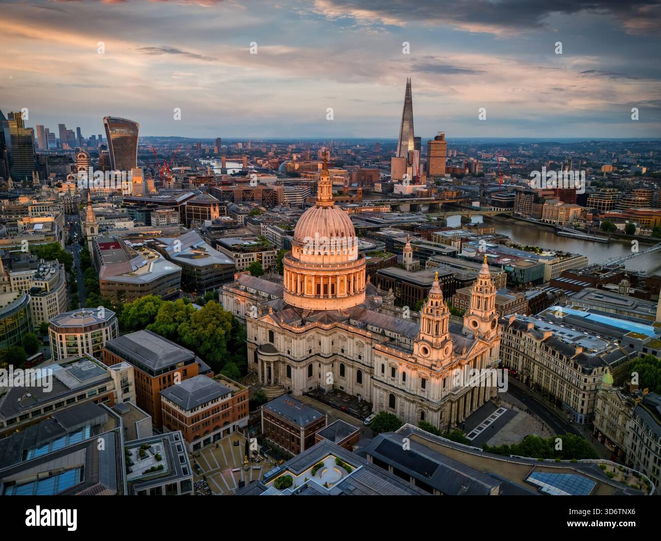 Aerial sunset view of the skyline of London, England, with St. Pauls ...