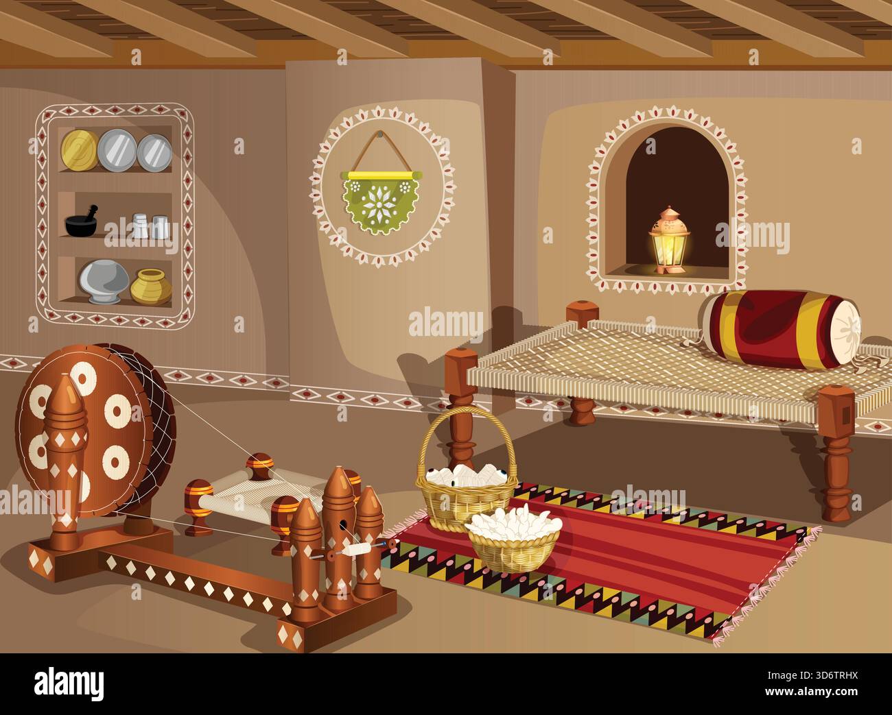 Rural Mudhouse Living Room Interior with Wooden Spinning Wheel Charkha ...