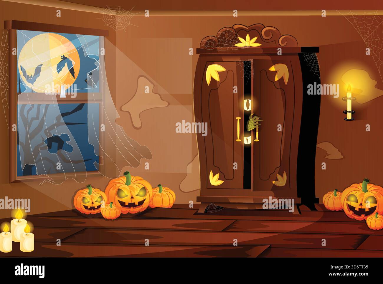 Haunted House Room: Wooden Wardrobe with Monsters Peeking Out, Jack-o ...