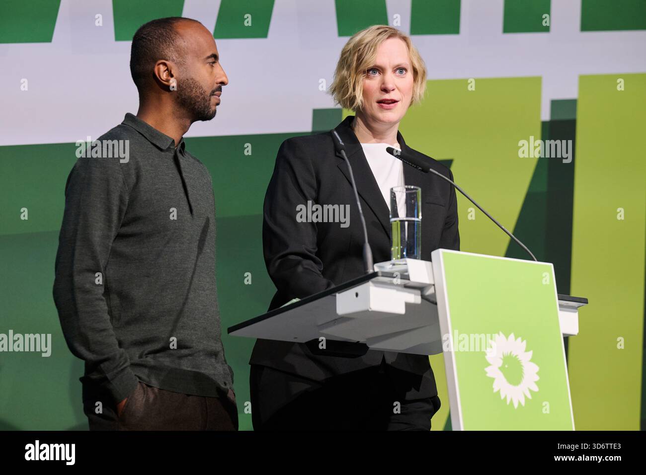 22 November 2025, Berlin: The two state chairs of the Berlin Greens ...