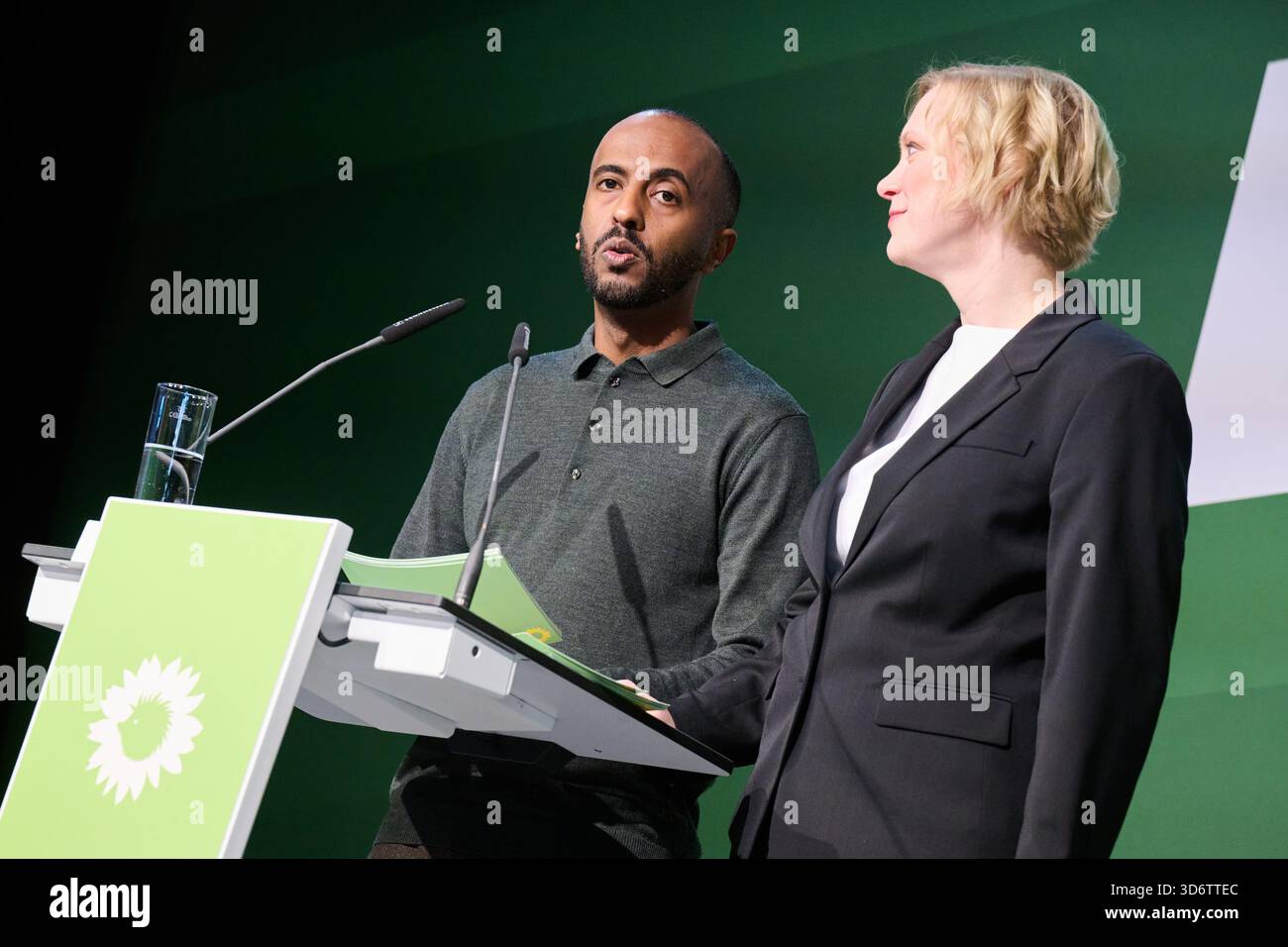 22 November 2025, Berlin: The two state chairs of the Berlin Greens ...