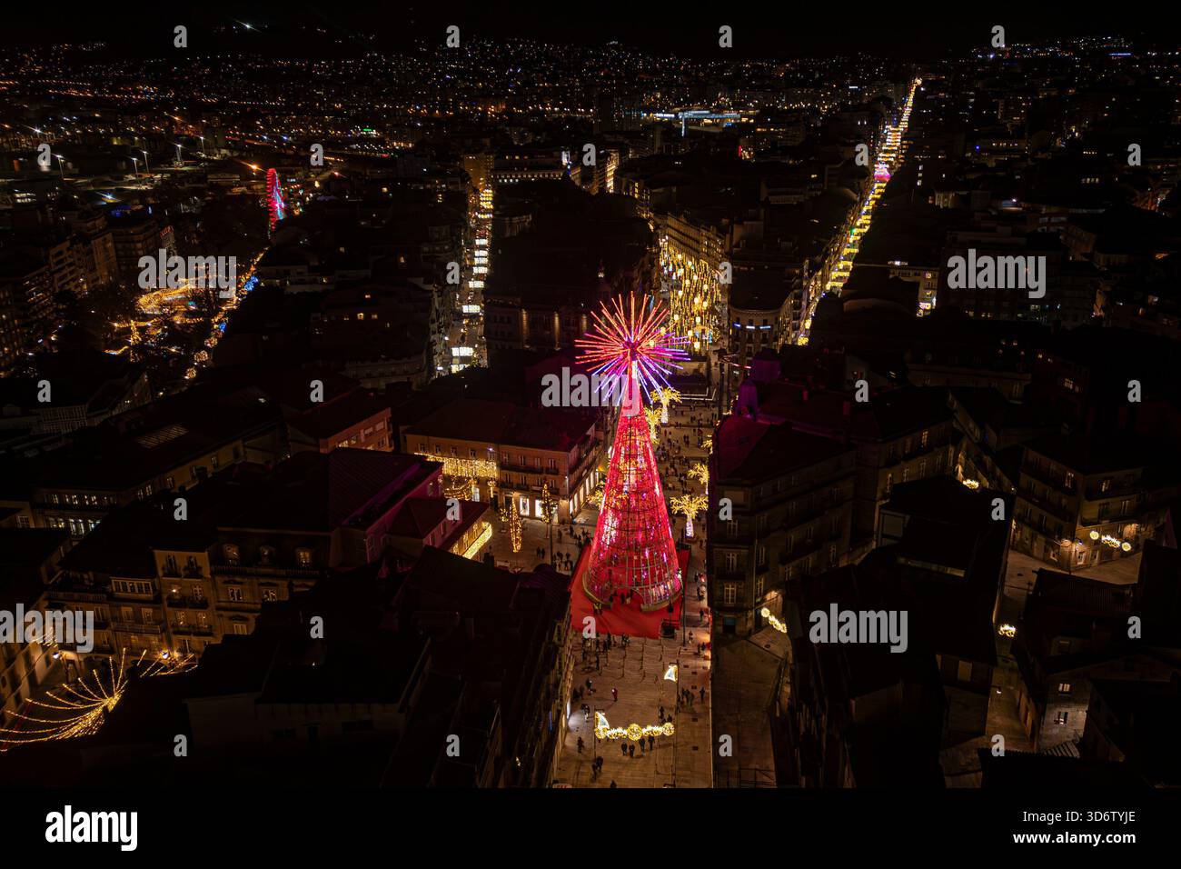 Aerial view of Vigo with Christmas lights on, on November 20, 2025, in ...
