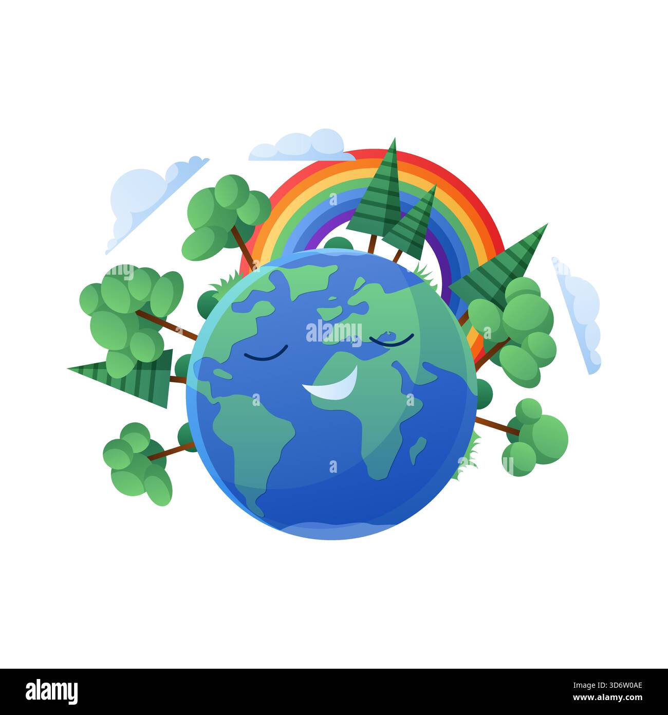 Smiling planet Earth surrounded by trees and rainbow on a white ...