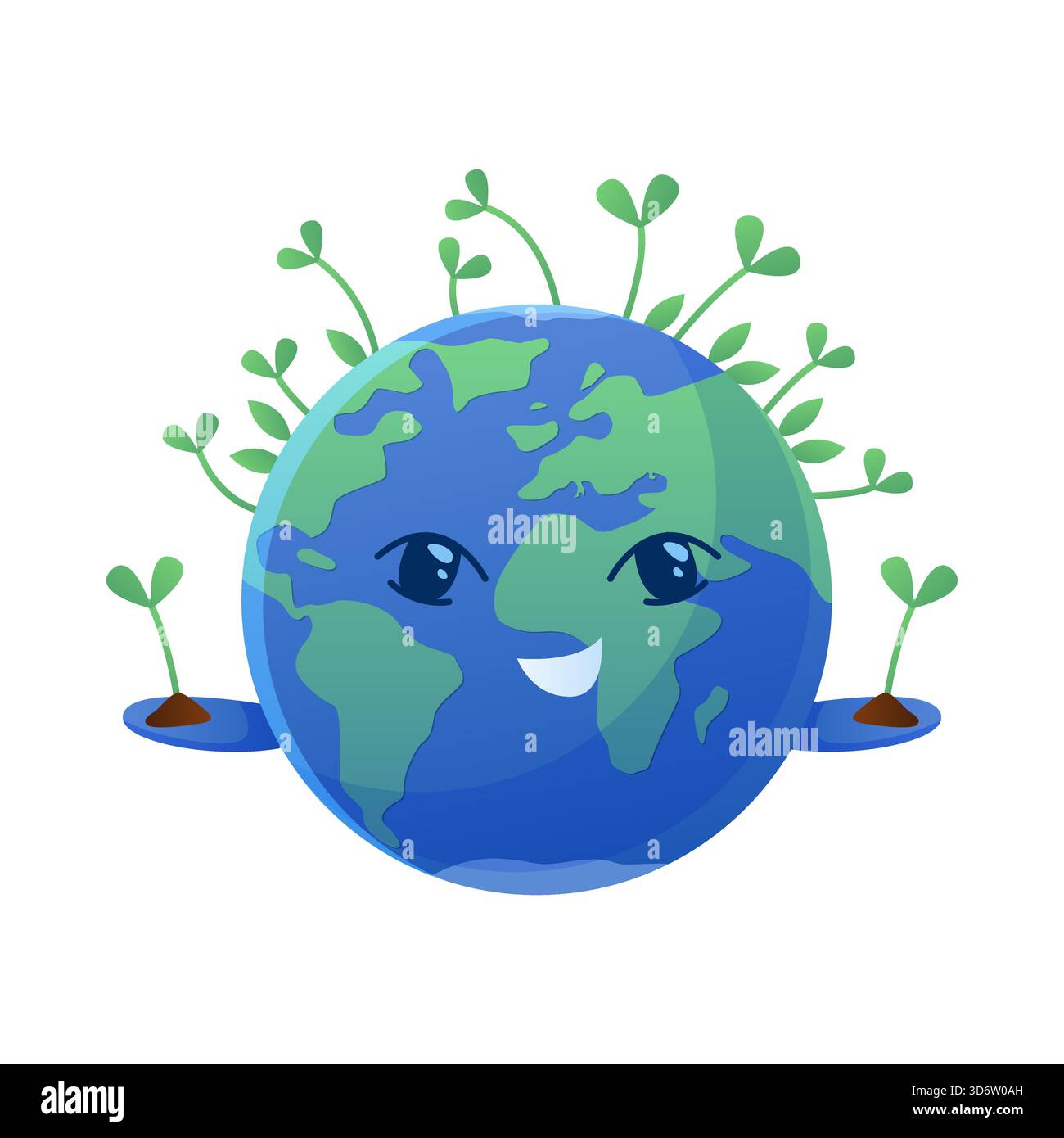 Smiling cartoon Earth with green sprouts and seedlings on a white ...