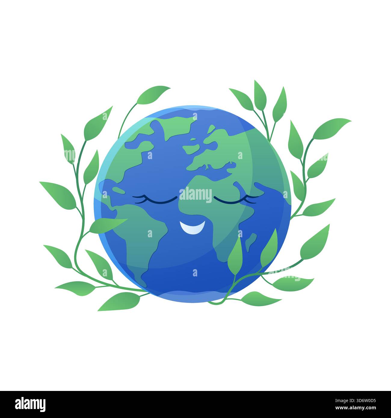 Smiling planet Earth with closed eyes and green leaves on white ...
