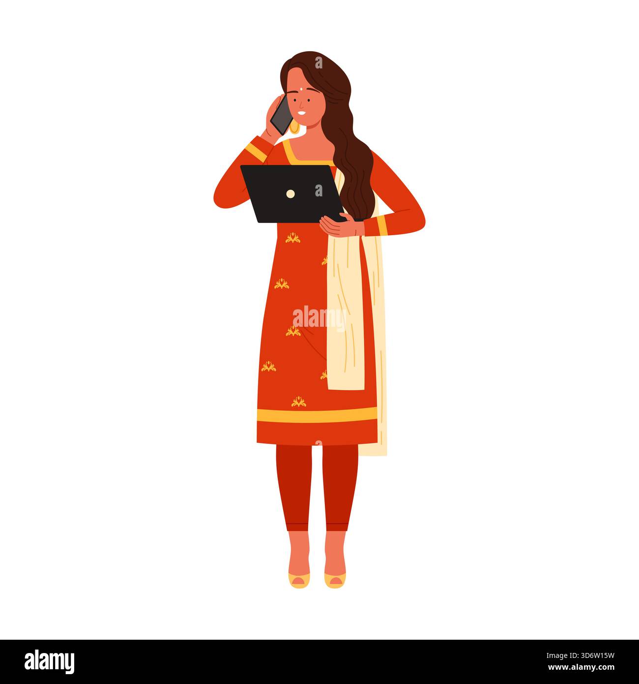 Isolated Indian woman in red traditional dress multitasking with laptop ...