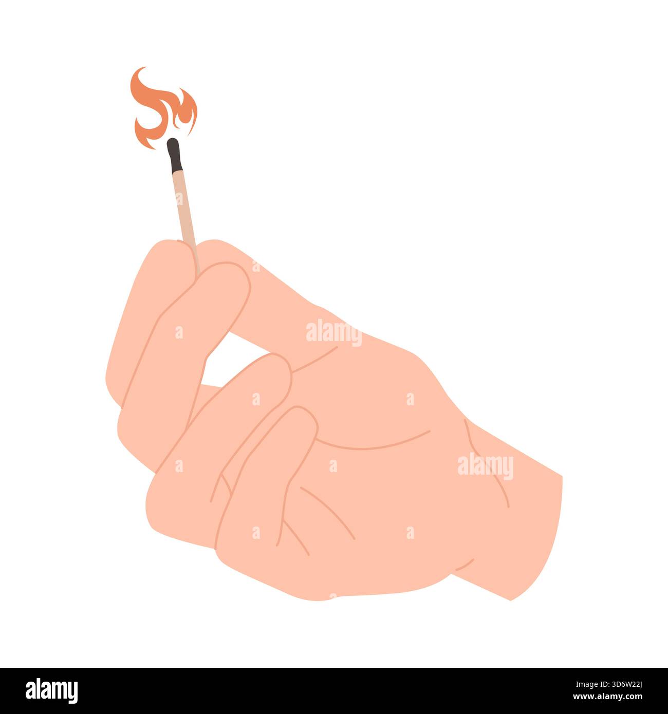 Human hand holding a burning matchstick on a white isolated background ...
