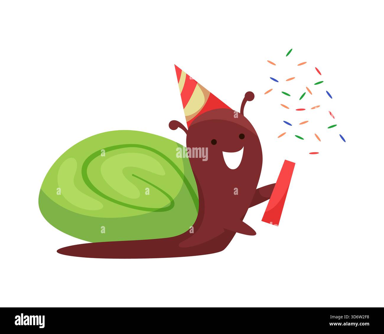Happy cartoon snail wearing party hat and holding confetti popper ...