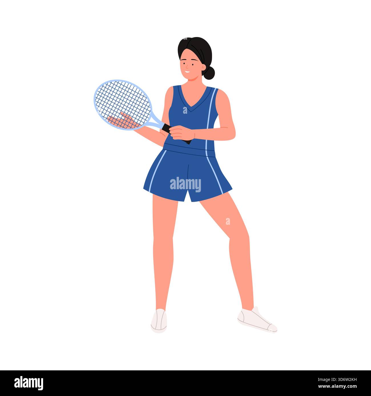Smiling woman tennis athlete in blue uniform holding racket on white ...