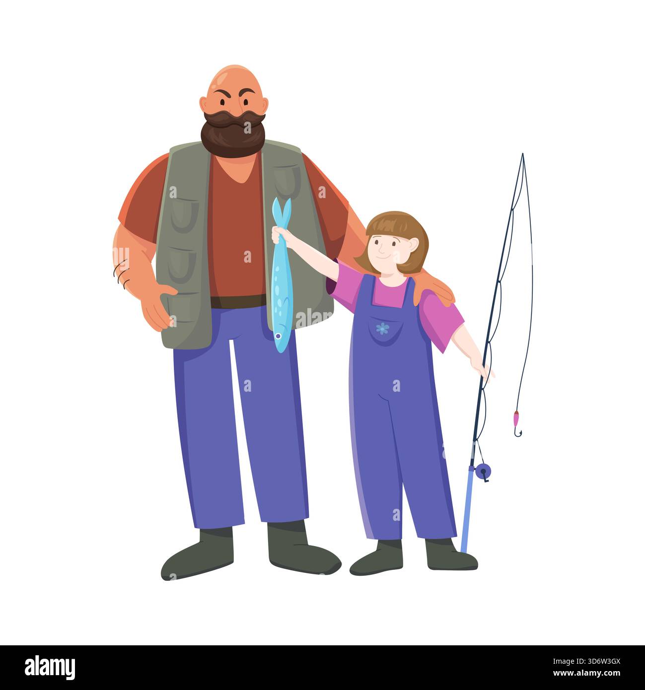 Smiling father and daughter holding fish and fishing rod, isolated on ...